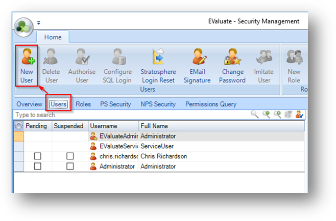 Create a new EValuate user when not using an Active Directory | Eque2 Knowledge Base